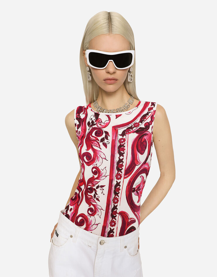 Sleeveless Organzine Top With Majolica Print In Multicolor For Women