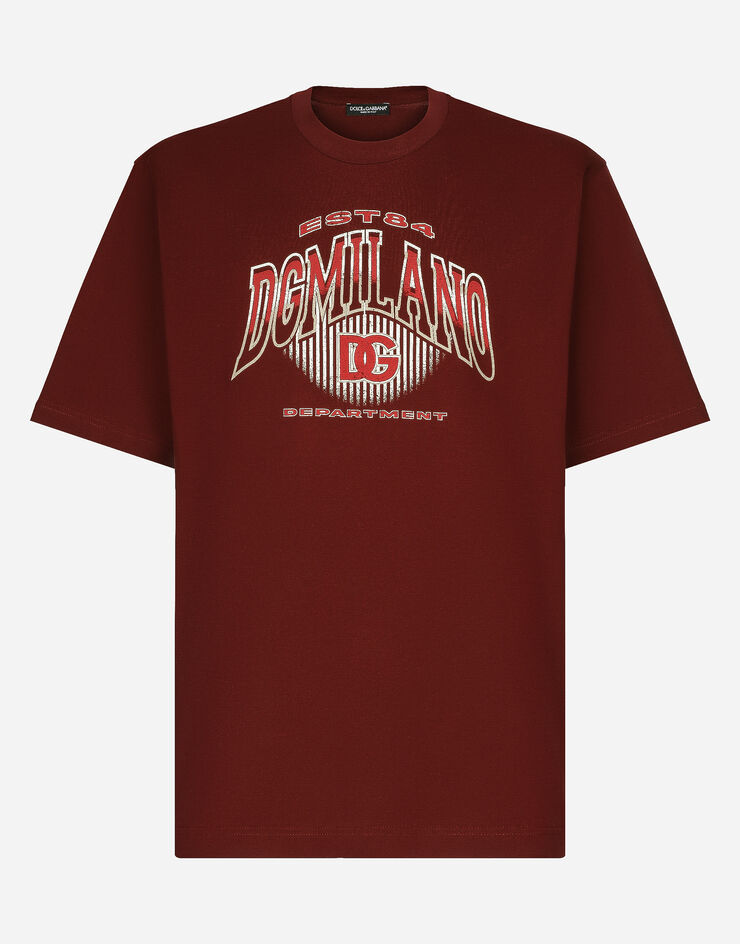Cotton Interlock T Shirt With Dg Logo Print In Bordeaux Dolceandgabbana®