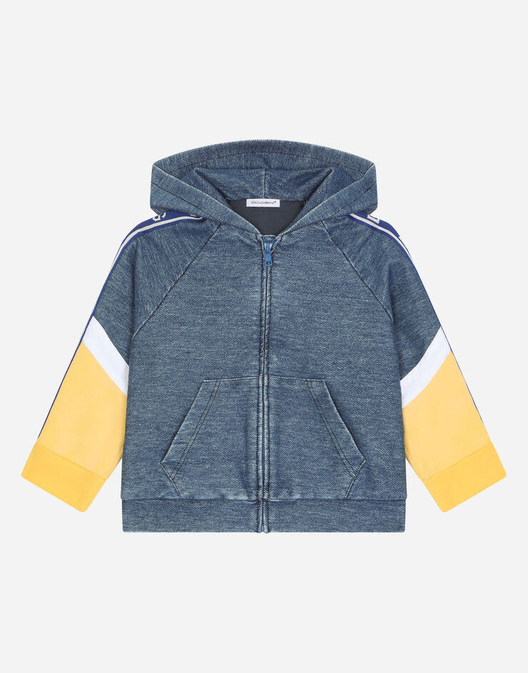 Zip-up jersey denim hoodie with logo band and intarsia design in ...