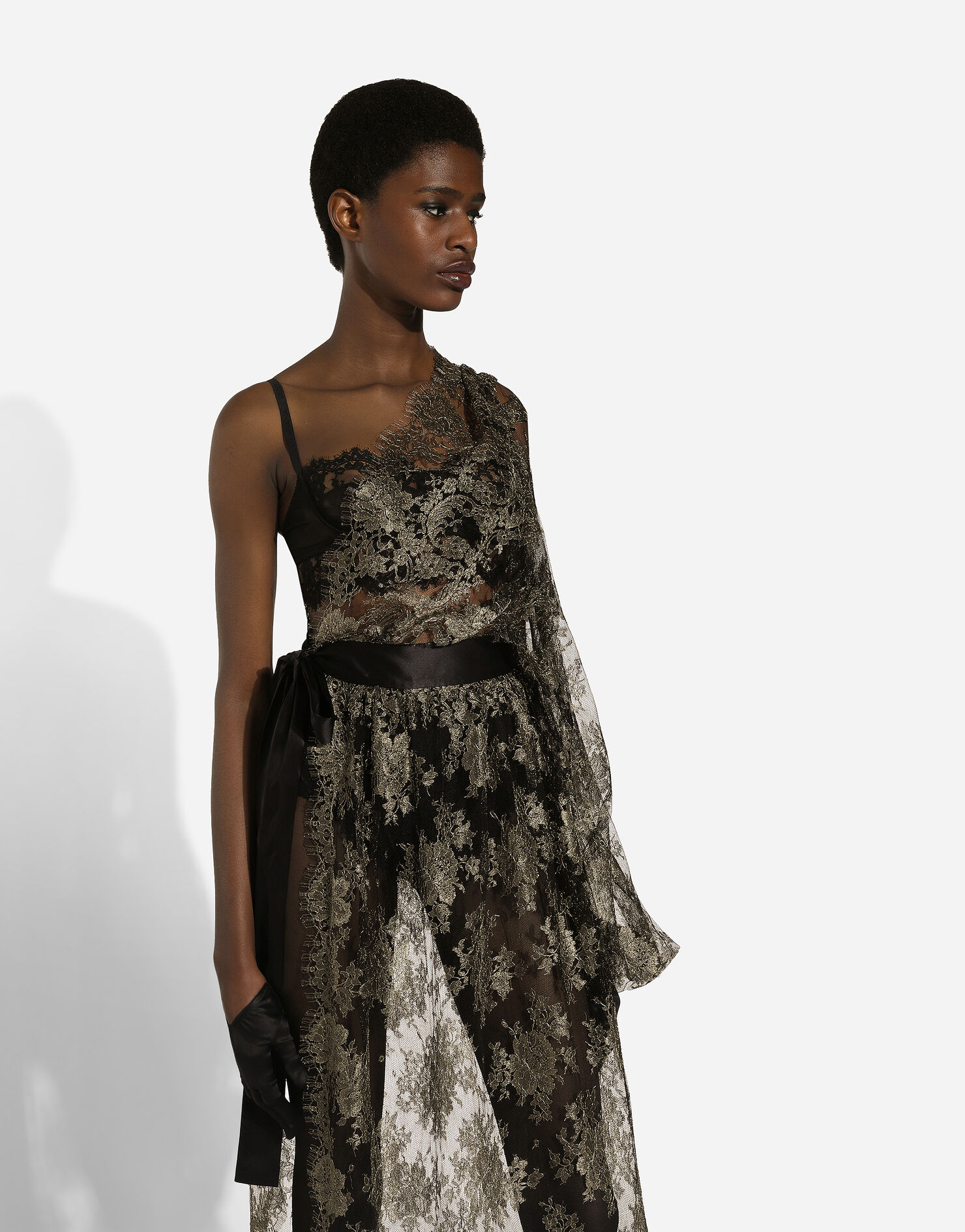 Calf-length one-shoulder lamé Chantilly lace dress in Gold for Women ...