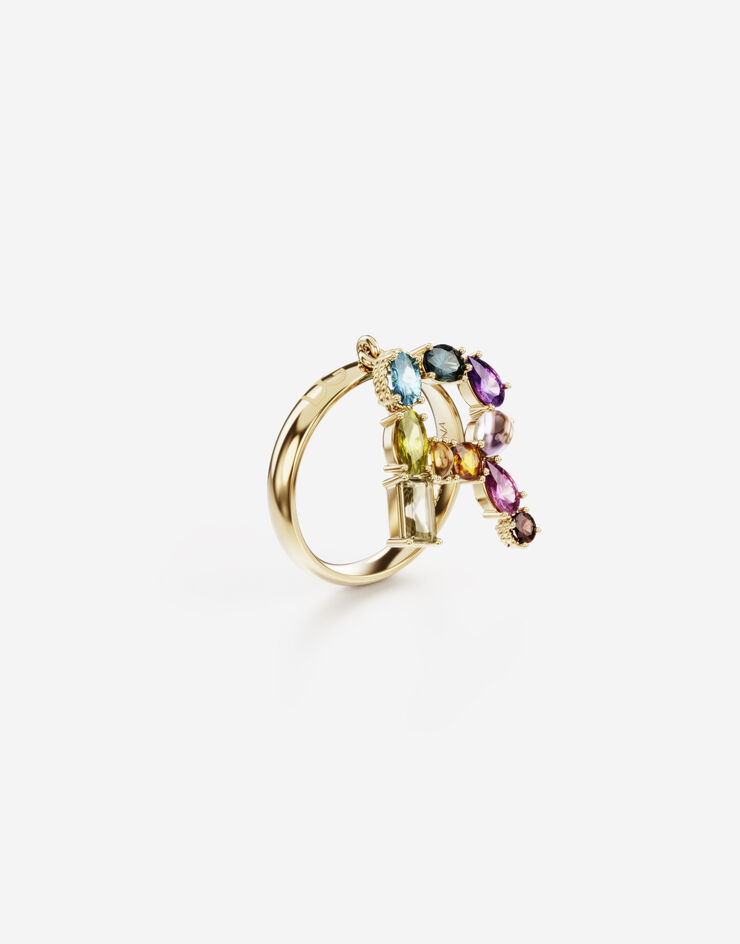 Rainbow alphabet R ring in yellow gold with multicolor fine gems in ...