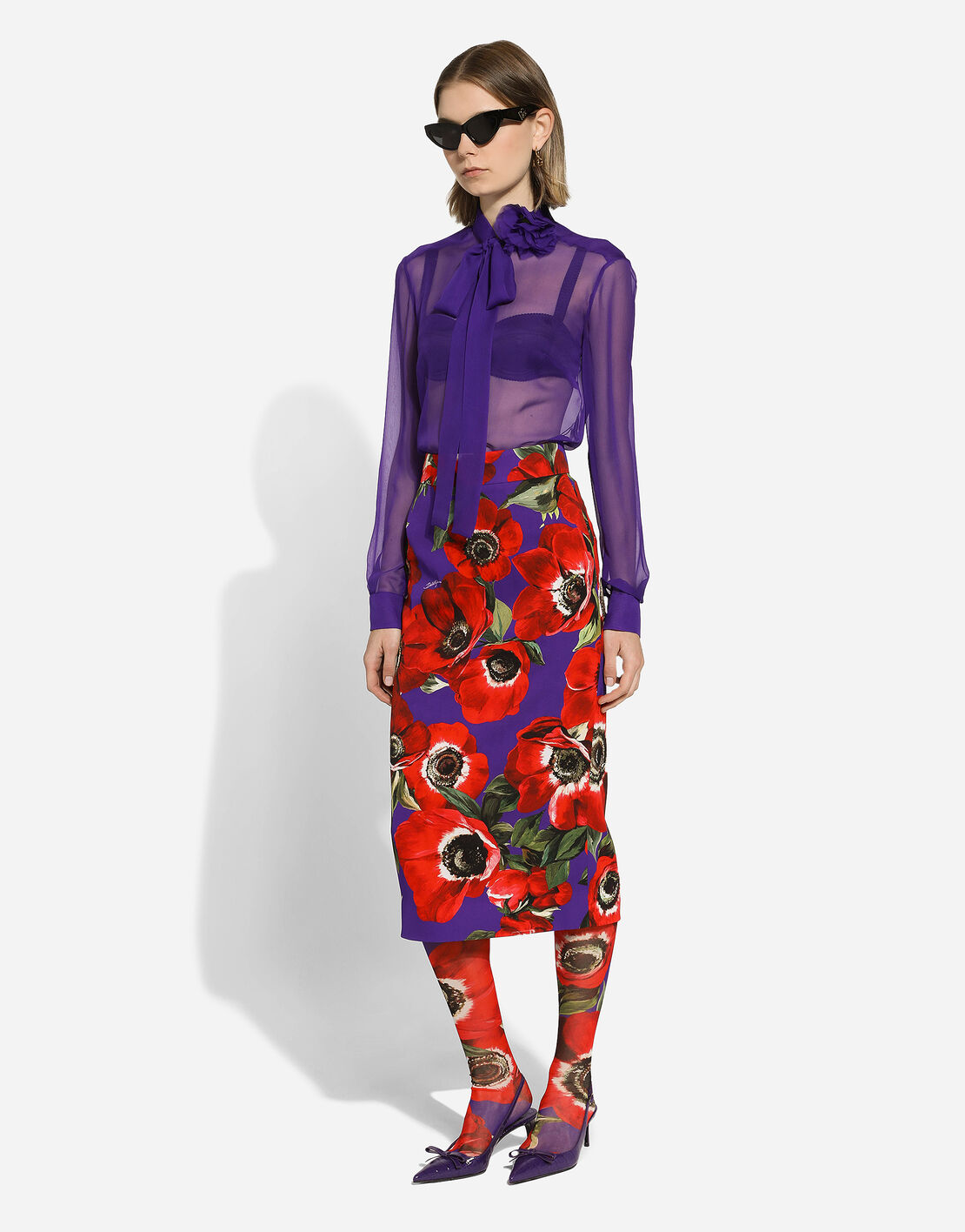 Chiffon shirt with flower detail in Purple for Women | Dolce&Gabbana® US