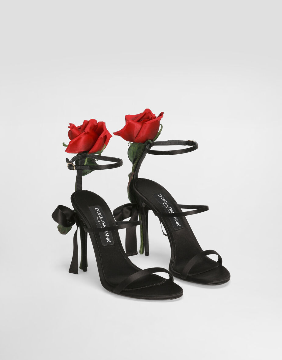 Satin sandals with rose embellishment in Black for Women | Dolce ...