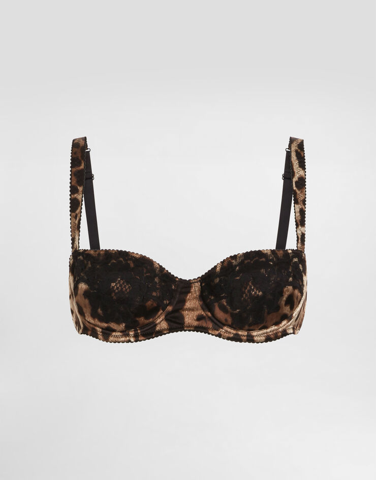 Leopard-print satin balconette bra with lace detailing in Multicolor ...