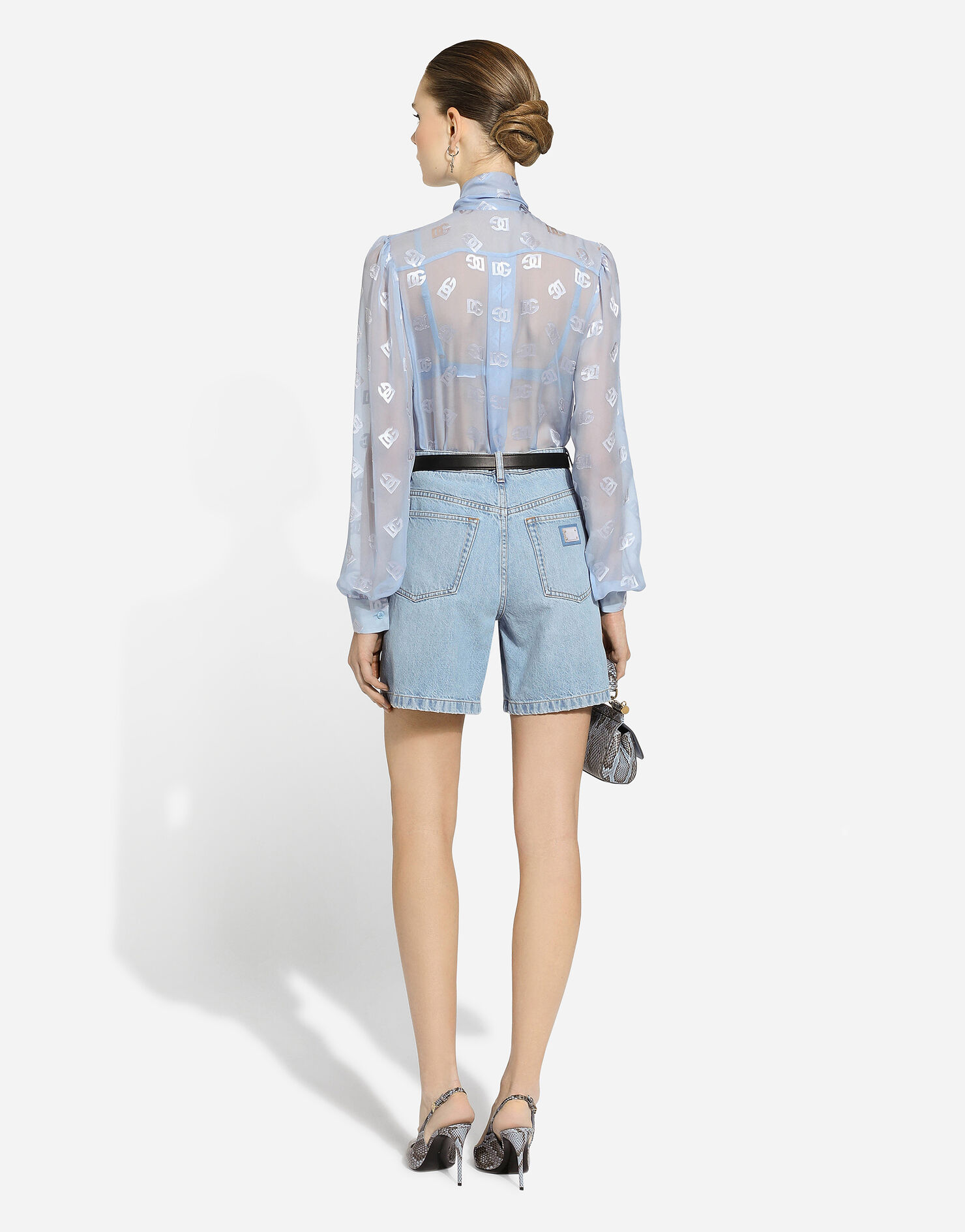 Dévoré silk shirt with DG logo in Azure for Women | Dolce&Gabbana® US