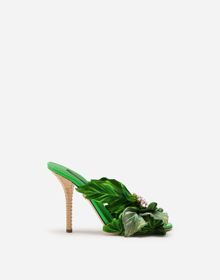 Satin mules with leaf appliqué and jewel embroidery