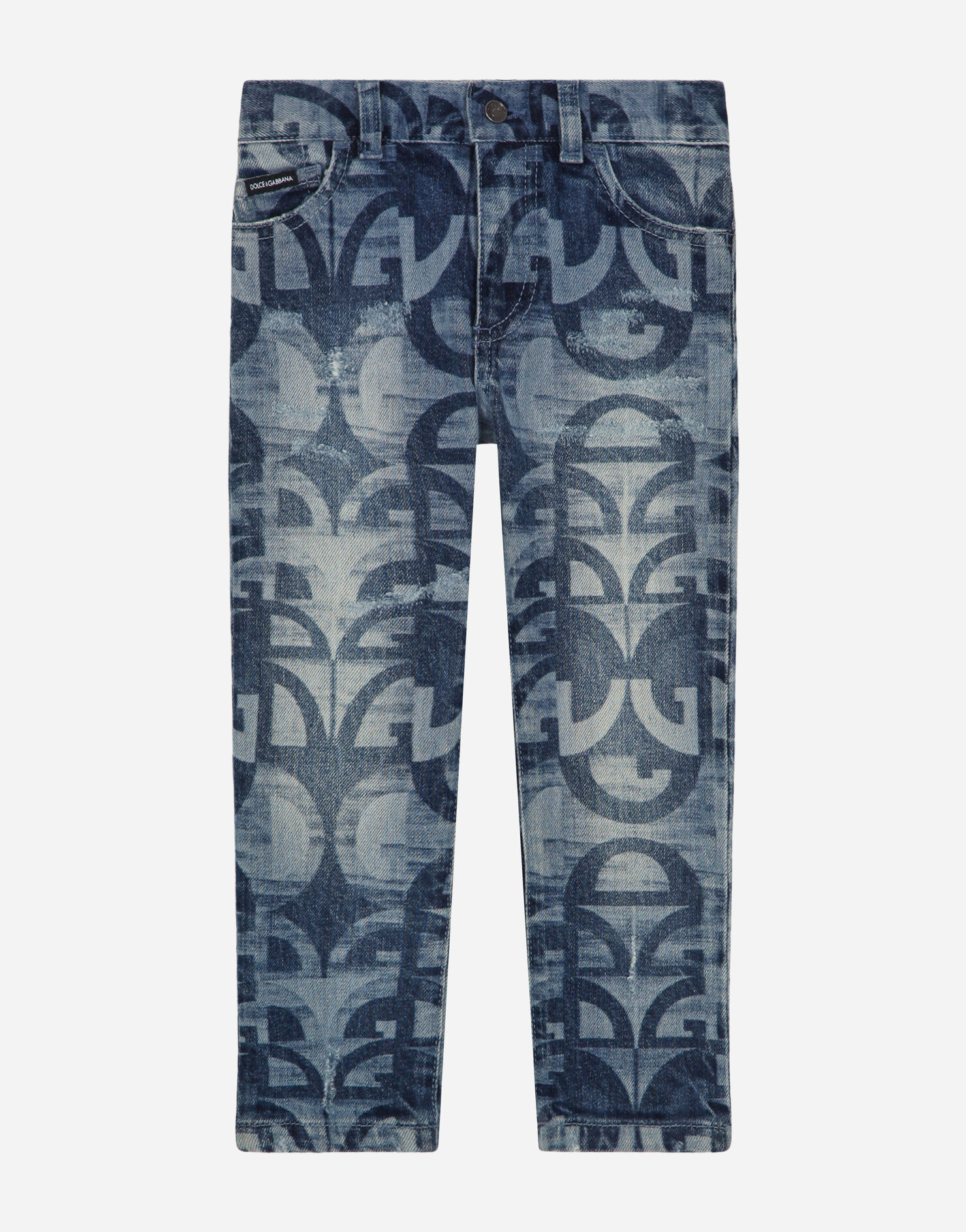 Regular-fit washed light blue stretch jeans with geometric DG detail