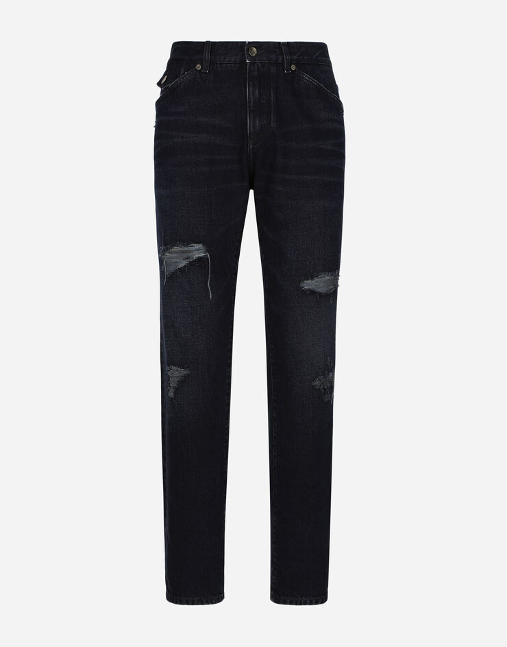 Regular blue denim jeans with abrasions and rips in Blue for Men | Dolce&Gabbana®