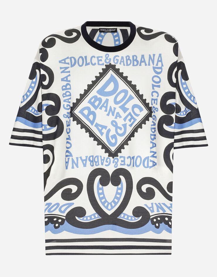 Short Sleeved Silk T Shirt With Marina Print In Azure For Men Dolce