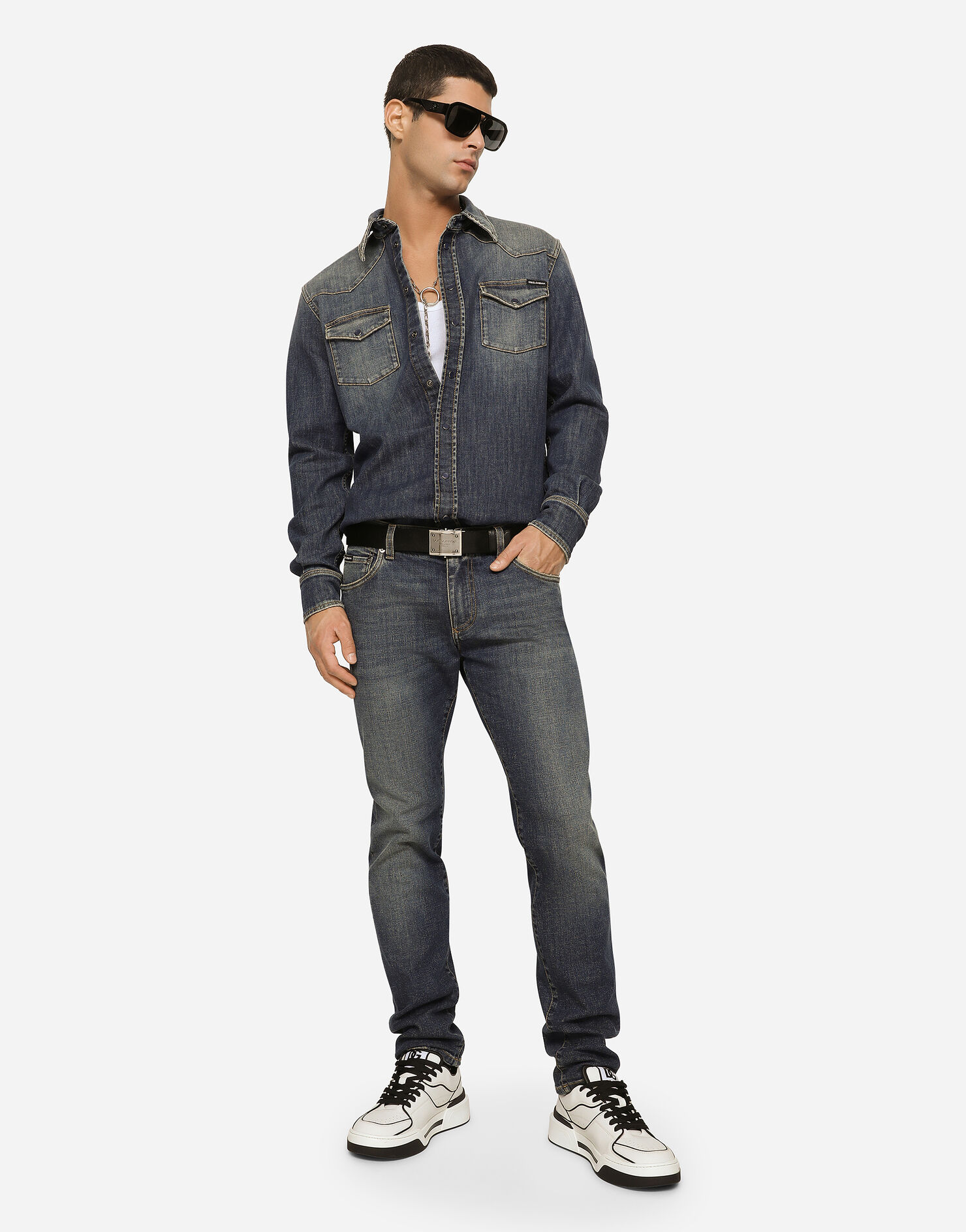 Light blue wash slim-fit stretch jeans in Multicolor for Men | Dolce ...