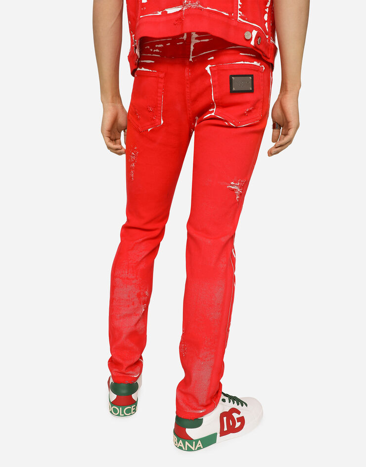 Overdyed Slim Fit Stretch Jeans With Abrasions In Red For Dolce