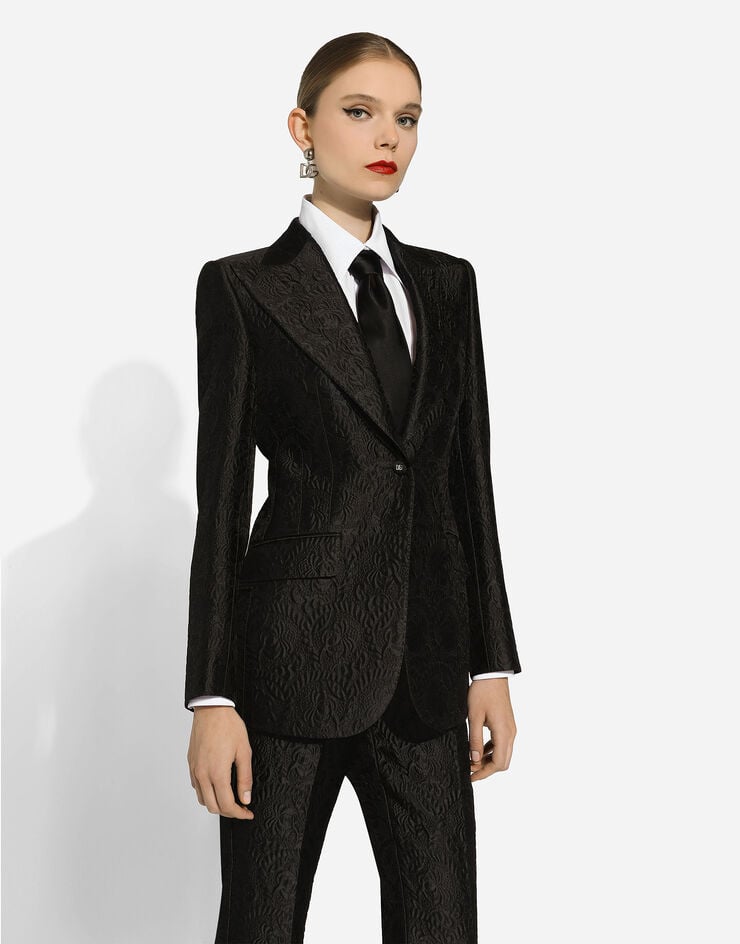 Single Breasted Floral Brocade Turlington Jacket In Black For Women