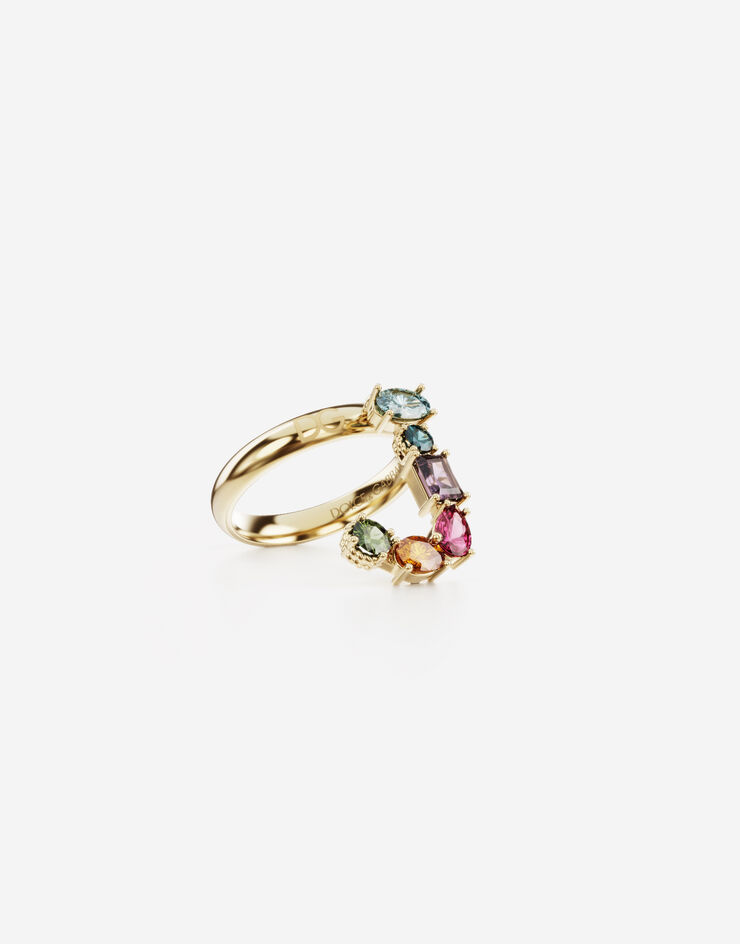 Rainbow alphabet J ring in yellow gold with multicolor fine gems in ...