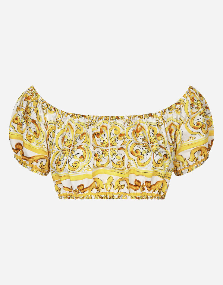 Cotton poplin crop top with majolica print in Print for Women | Dolce ...