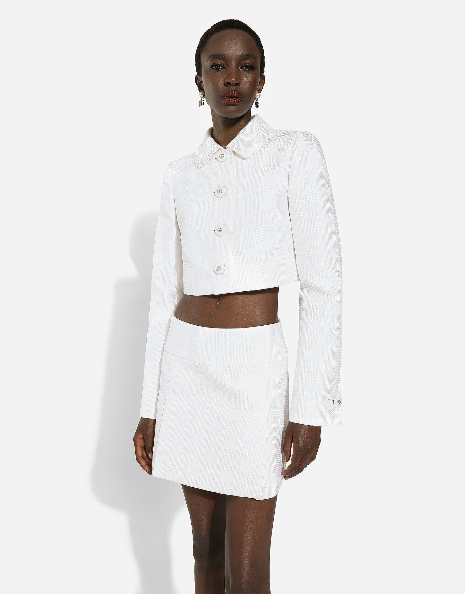 Short quilted jacquard jacket with DG logo in White for Women | Dolce ...