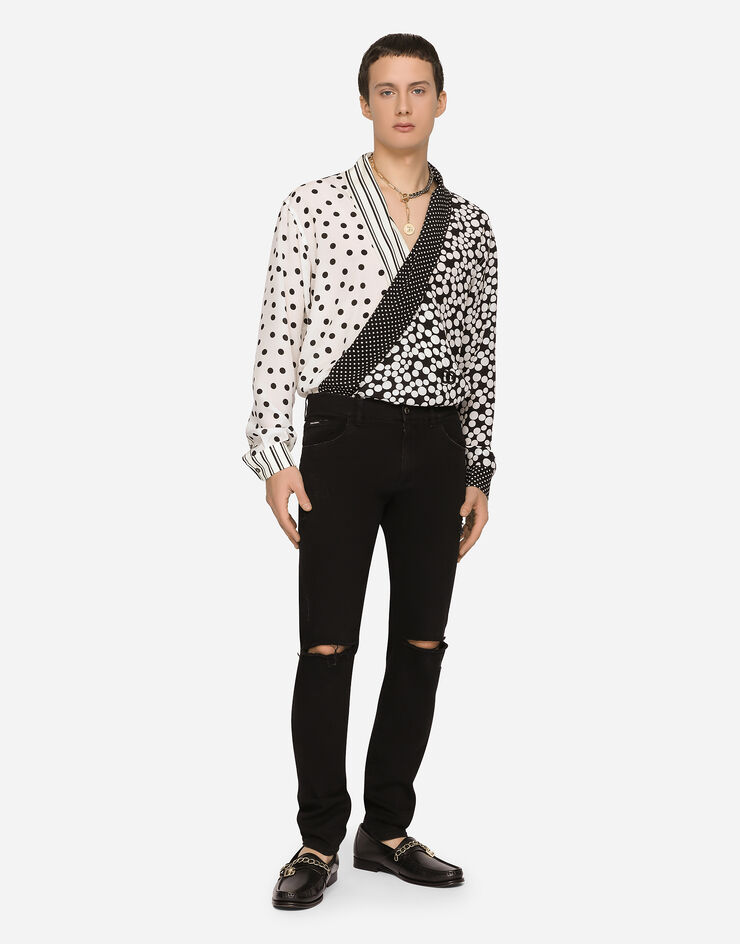 Black Wash Slim Fit Stretch Jeans With Rips In Multicolor Dolceandgabbana®