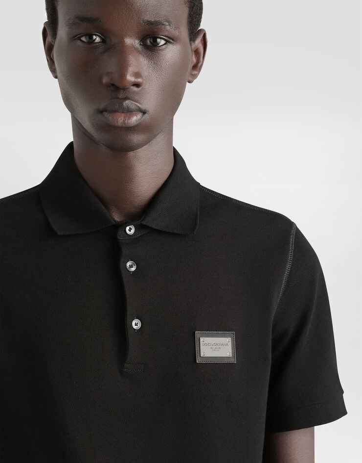 Cotton Piqué Polo Shirt With Branded Tag In Black For Men Dolceandgabbana®