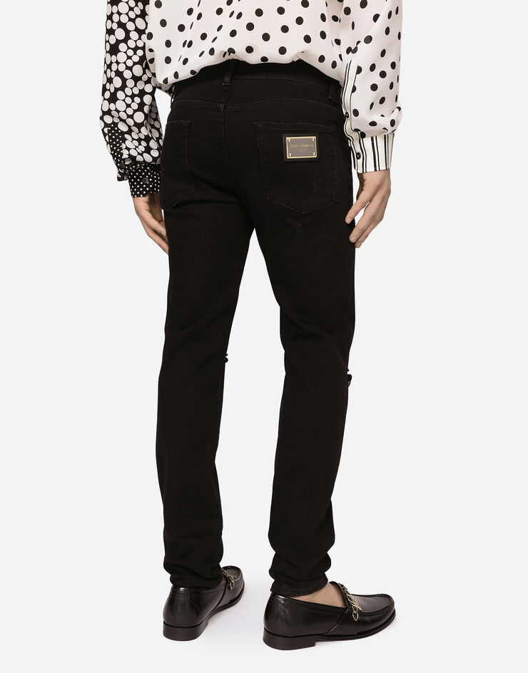 Black Wash Slim Fit Stretch Jeans With Rips In Multicolor Dolceandgabbana®