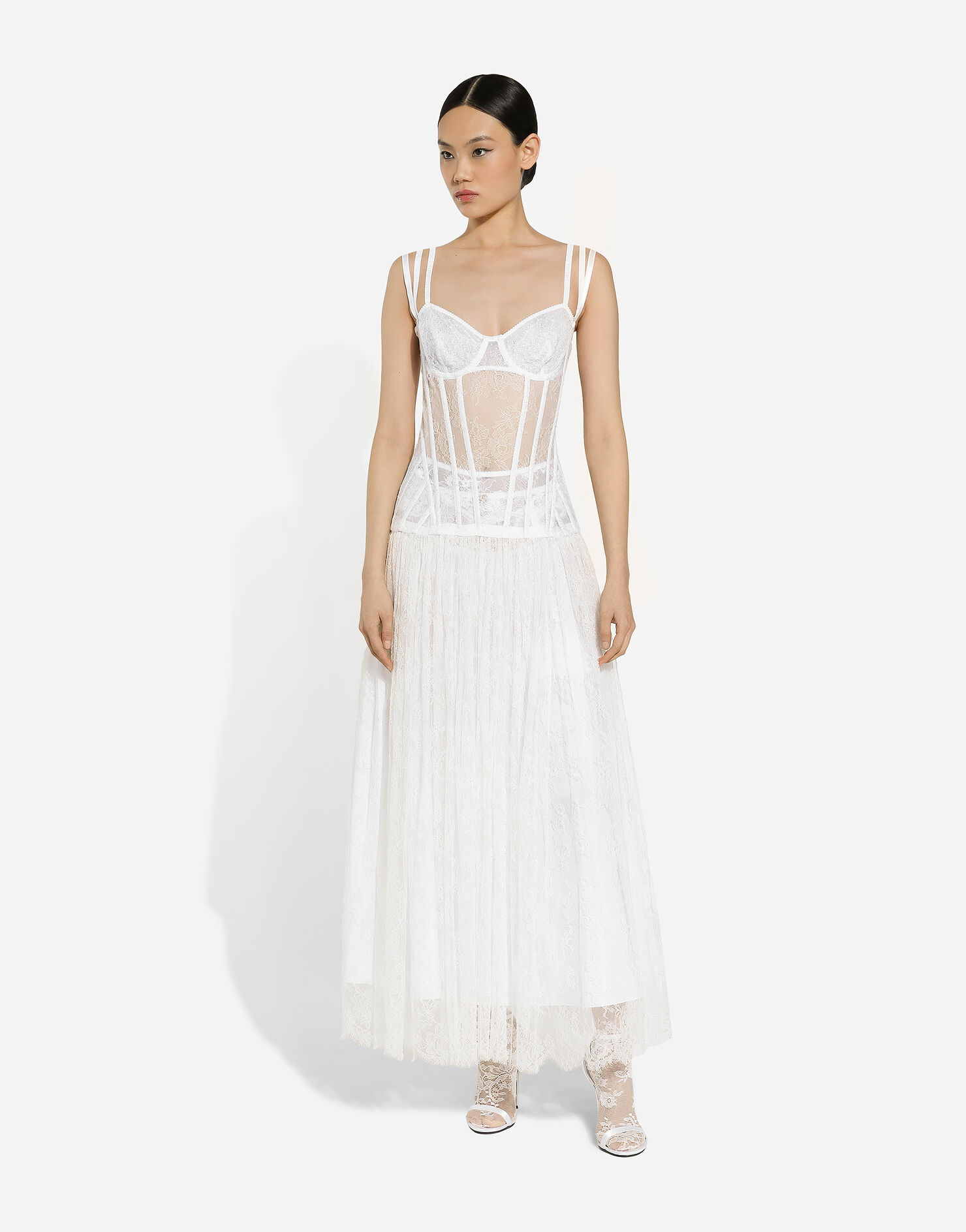 Long lace dress with corset detailing in White for Women | Dolce ...