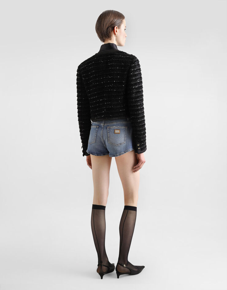 Short single-breasted tweed jacket with micro-sequin embellishment in ...