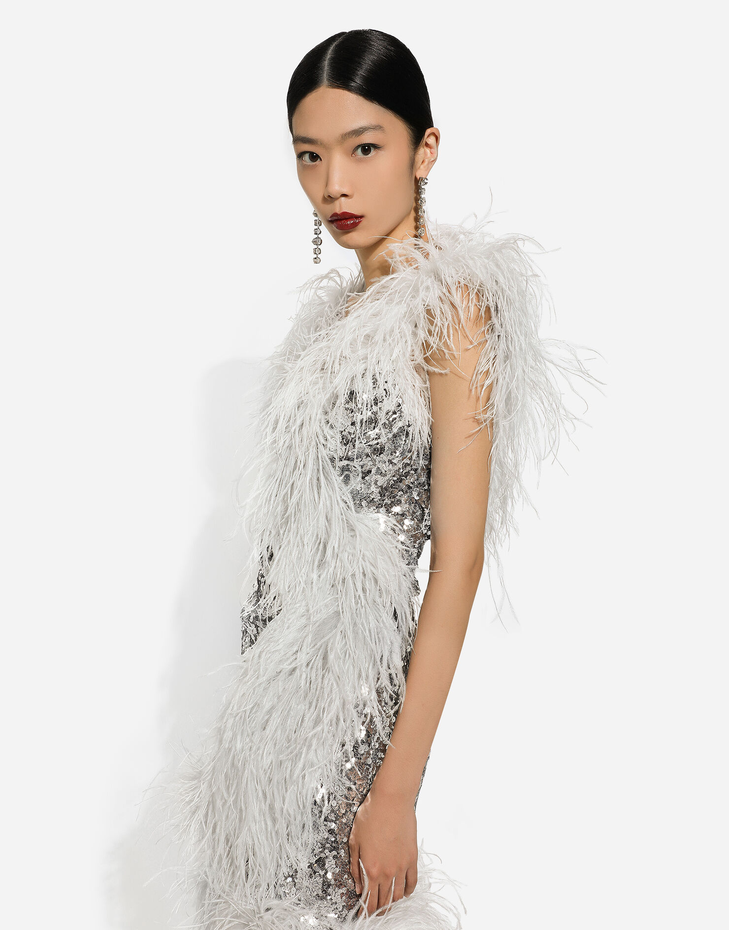 Short sequined wrap dress with feather trims in Silver for Women ...
