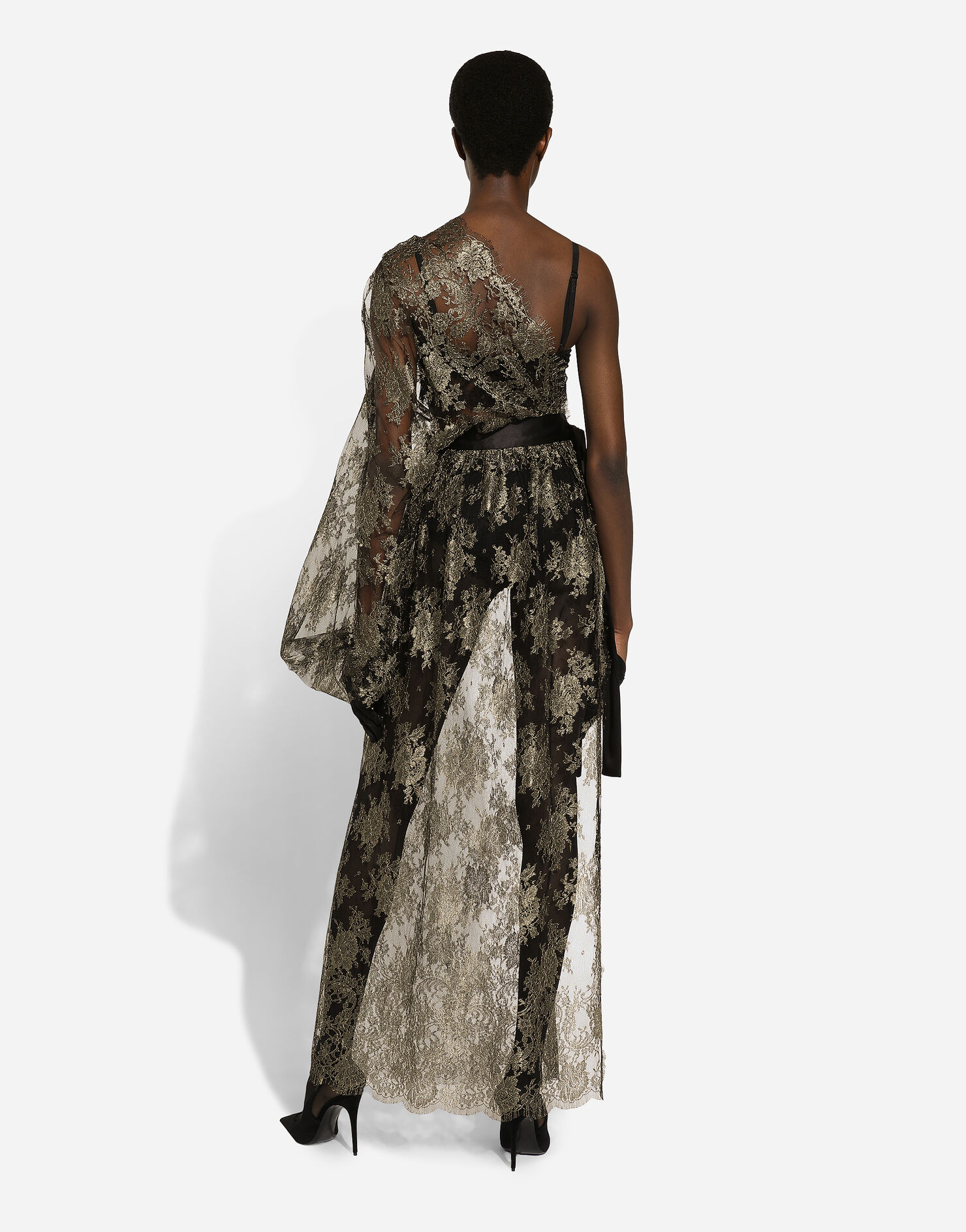 Calf-length one-shoulder lamé Chantilly lace dress in Gold for Women ...