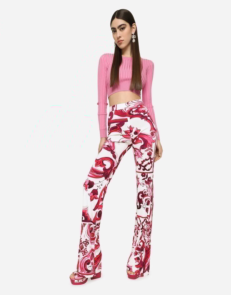 Flared Majolica Print Organzine Pants In Multicolor For Women Dolce