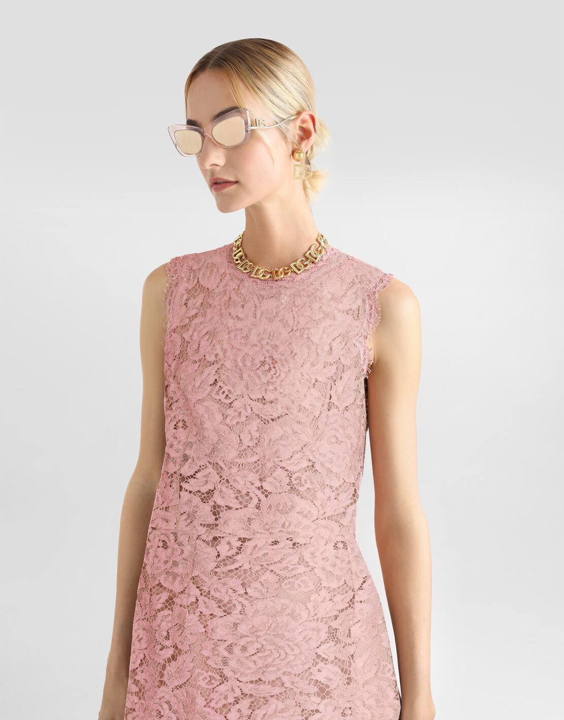 Sleeveless floral lace A-line dress with DG logo in Pink for Women | Dolce&Gabbana® US