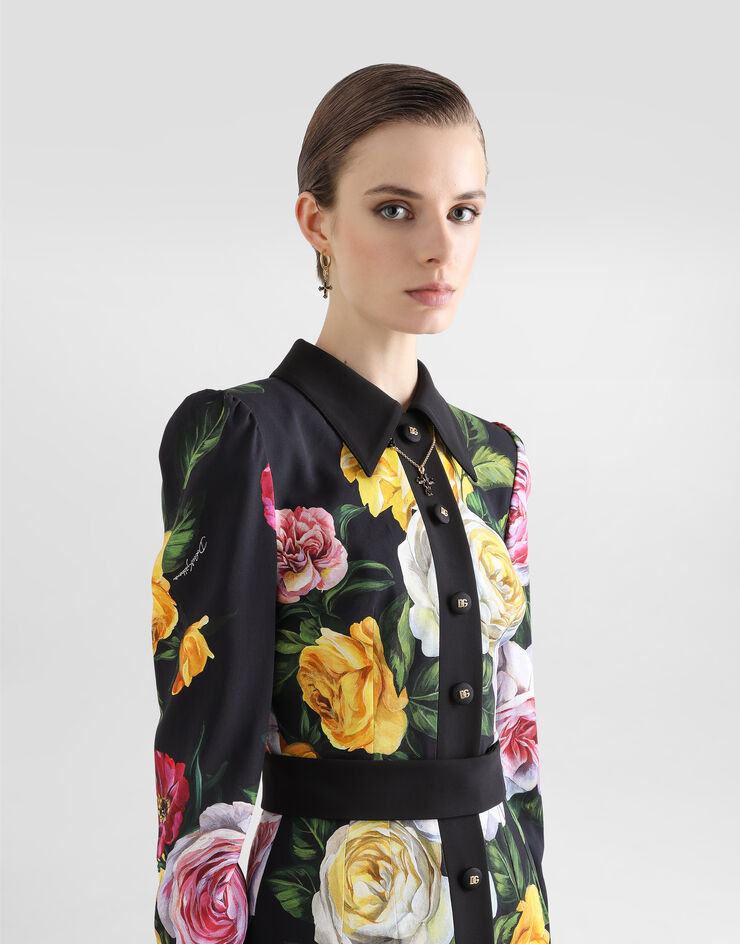 Calf Length Cady Shirt Dress With Peony And Rose Print In Print For