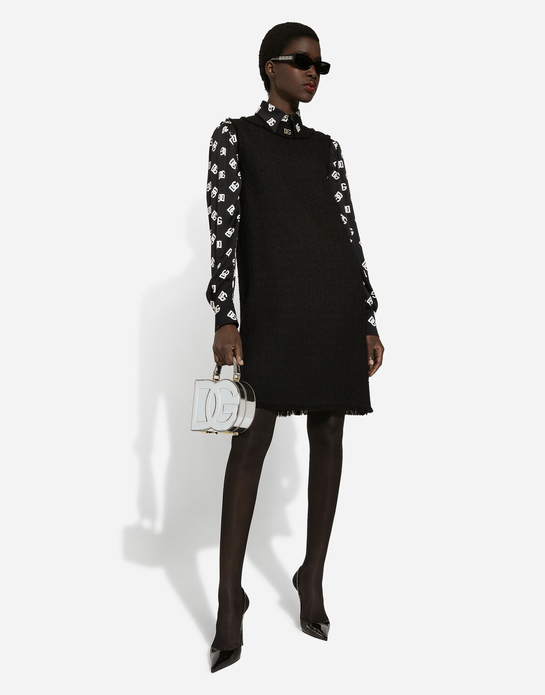 Raschel tweed calf-length dress with DG logo in Black for Women | Dolce ...