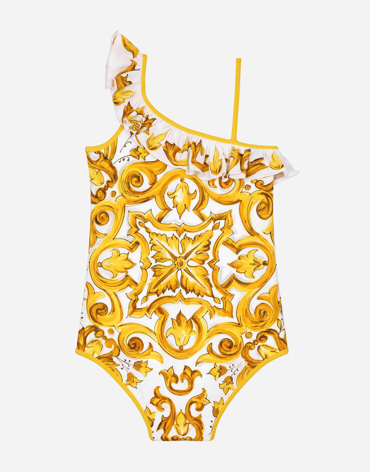 One Piece Swimsuit With Yellow Majolica Print In Print For Girls