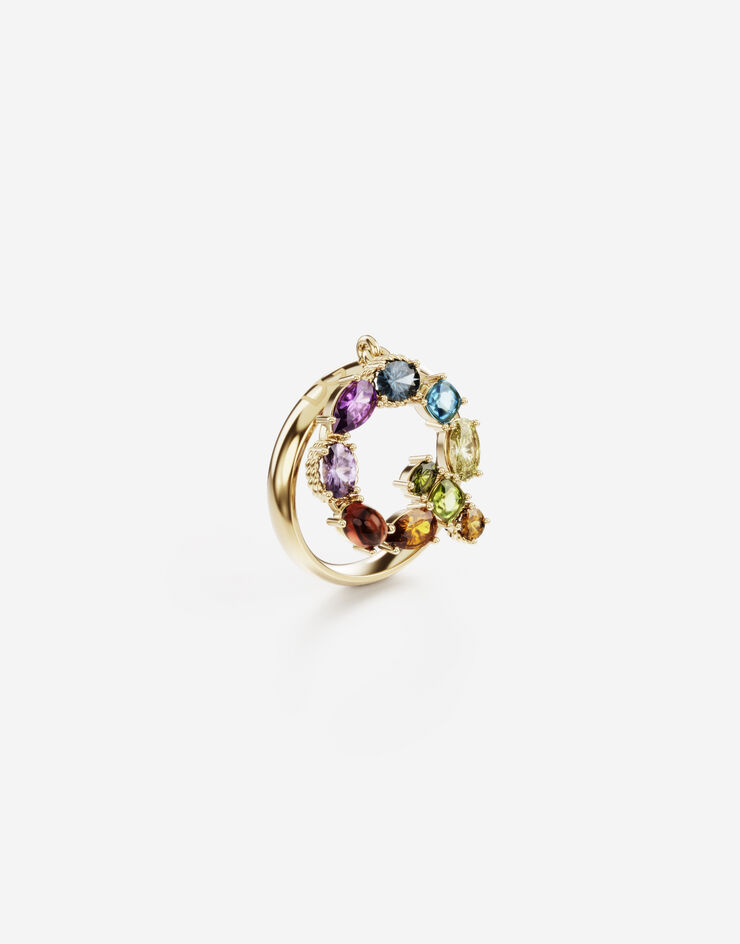 Rainbow alphabet Q ring in yellow gold with multicolor fine gems en ORO ...