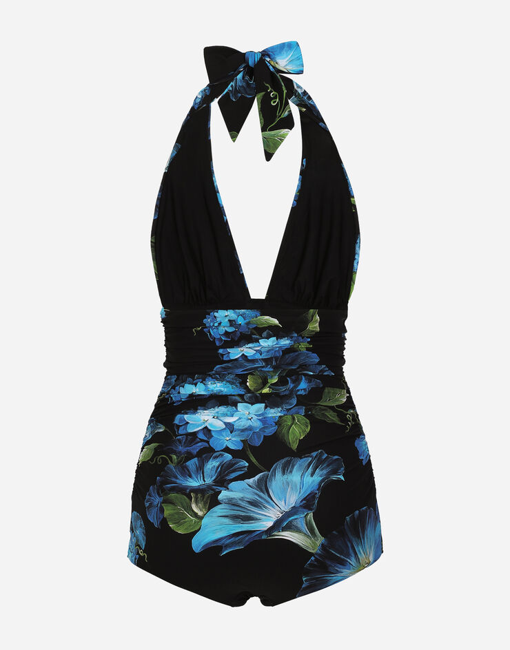 One-piece swimsuit with plunging neckline and bluebell print in Print ...