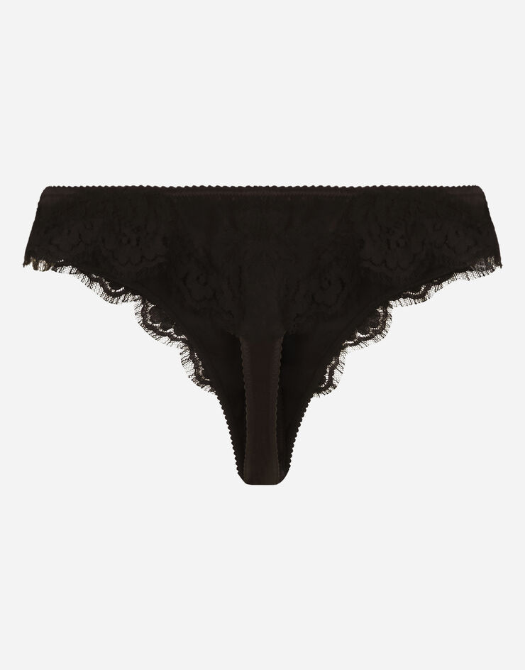 Satin thong with lace in BLACK for Women | Dolce&Gabbana®