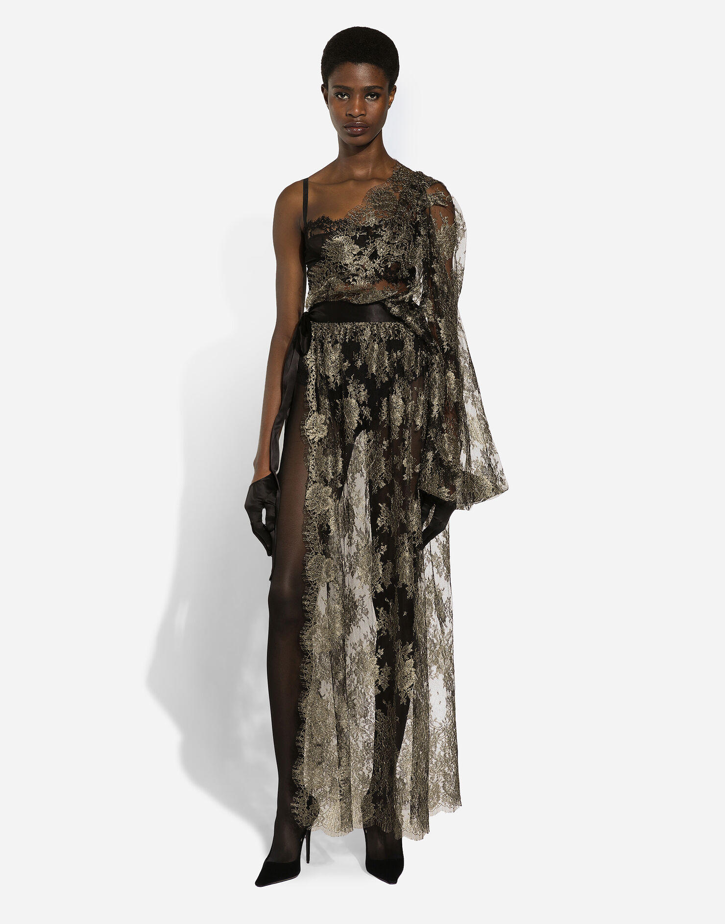 Calf-length one-shoulder lamé Chantilly lace dress in Gold for Women ...