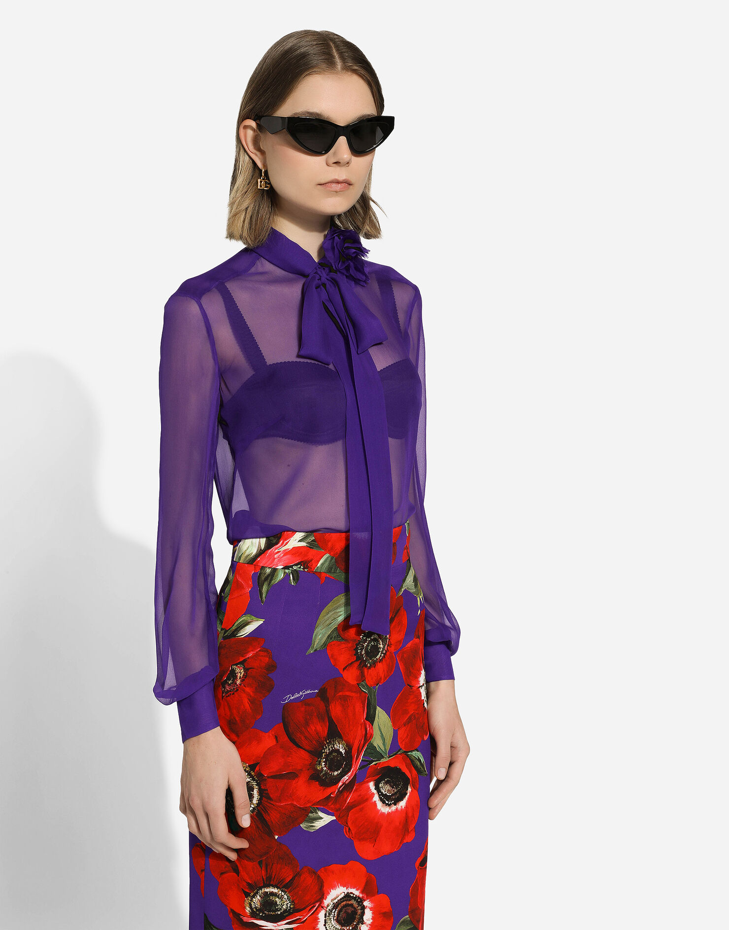 Chiffon shirt with flower detail in Purple for Women | Dolce&Gabbana® US
