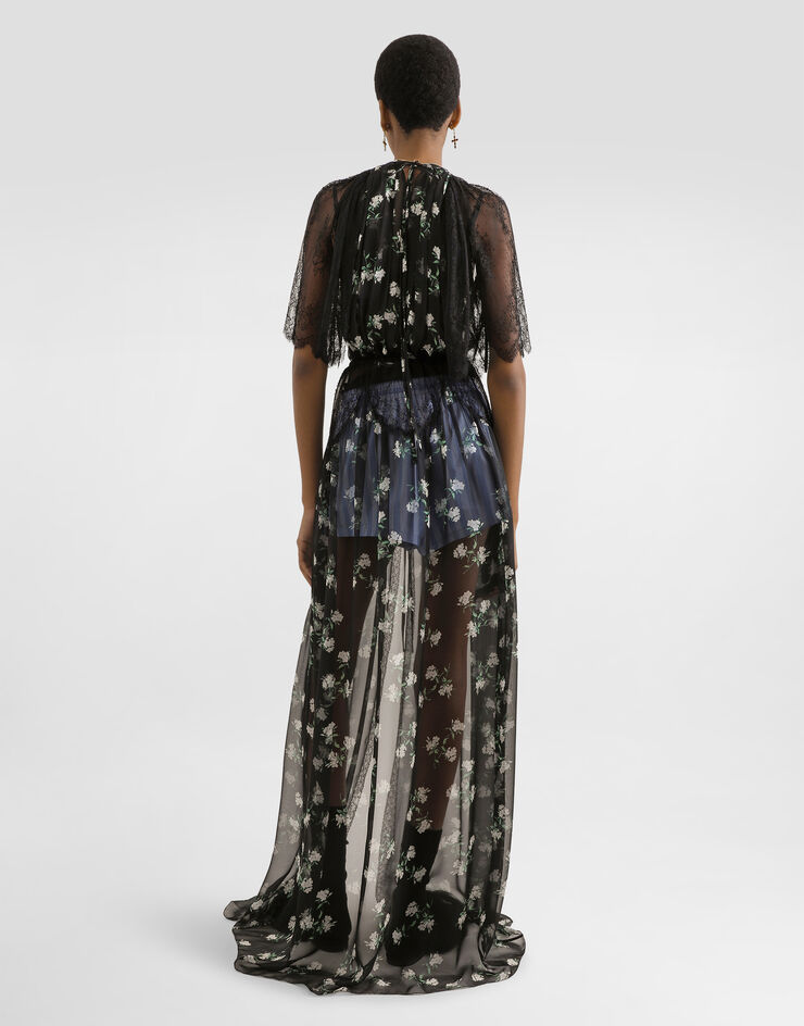 Violets-print chiffon robe dress