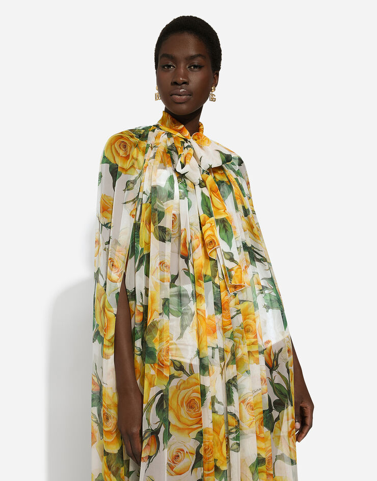 Silk chiffon cape with yellow rose print in Print for Women | Dolce ...