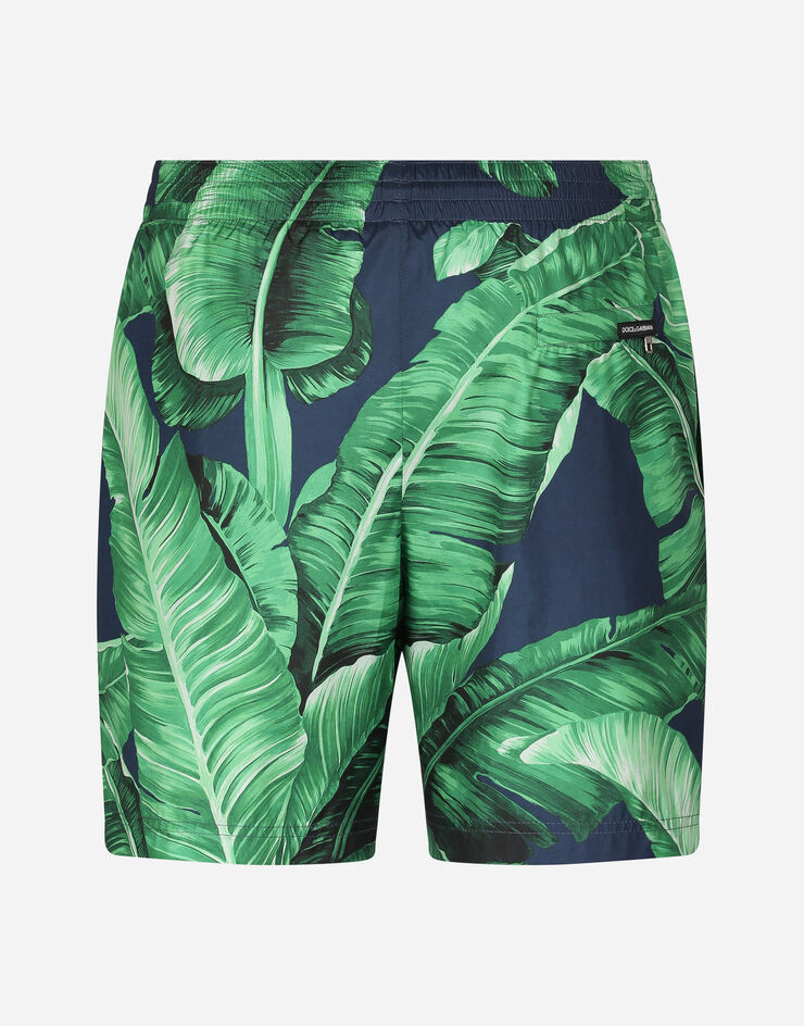 Mid-rise swim trunks with banana tree print