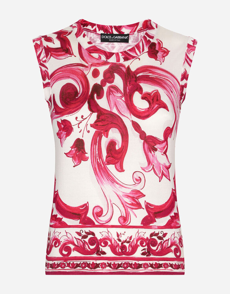 Sleeveless Silk Top With Majolica Print In Multicolor For Women Dolce