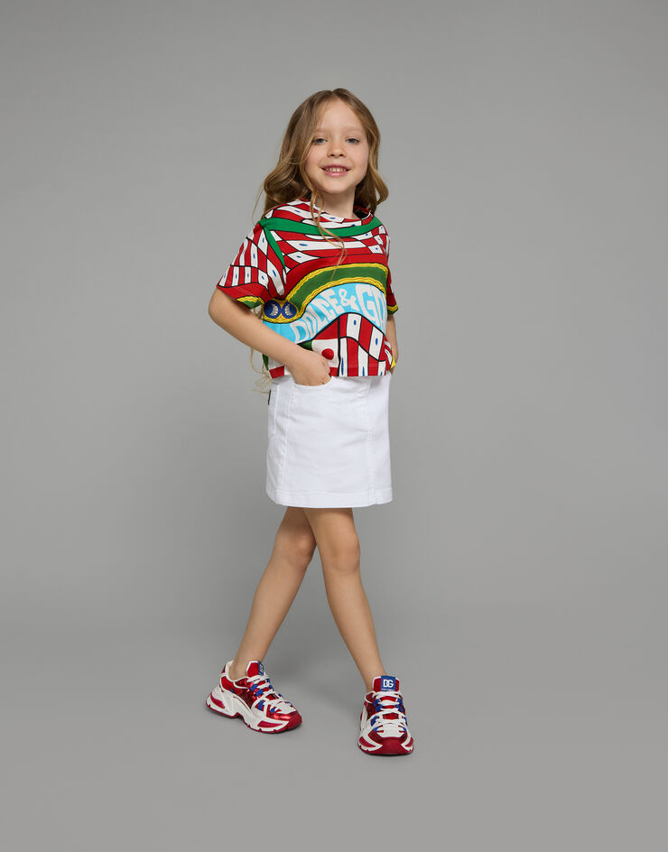 Short White Stretch Denim Skirt In White For Girls Dolceandgabbana®