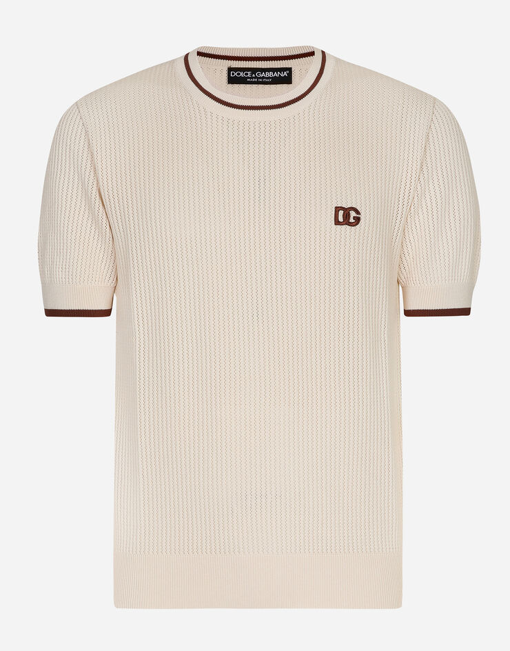 Round-neck cotton sweater with DG logo in Cream for Men | Dolce&Gabbana®