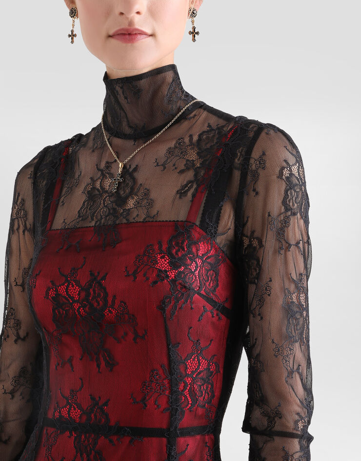 Lace calf-length dress with high neck and contrasting lining in Black ...