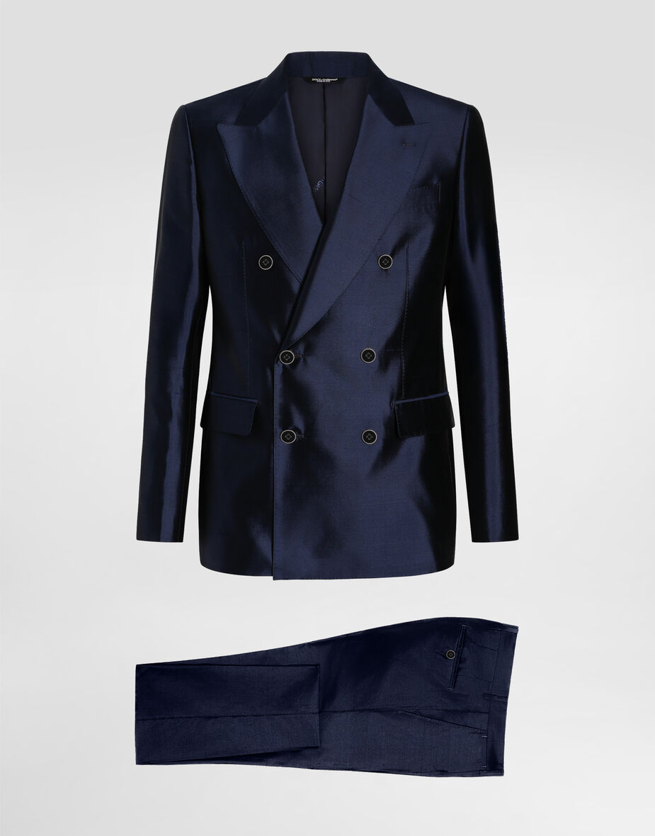 Shantung and mikado silk double-breasted suit in Blue for Men | Dolce ...