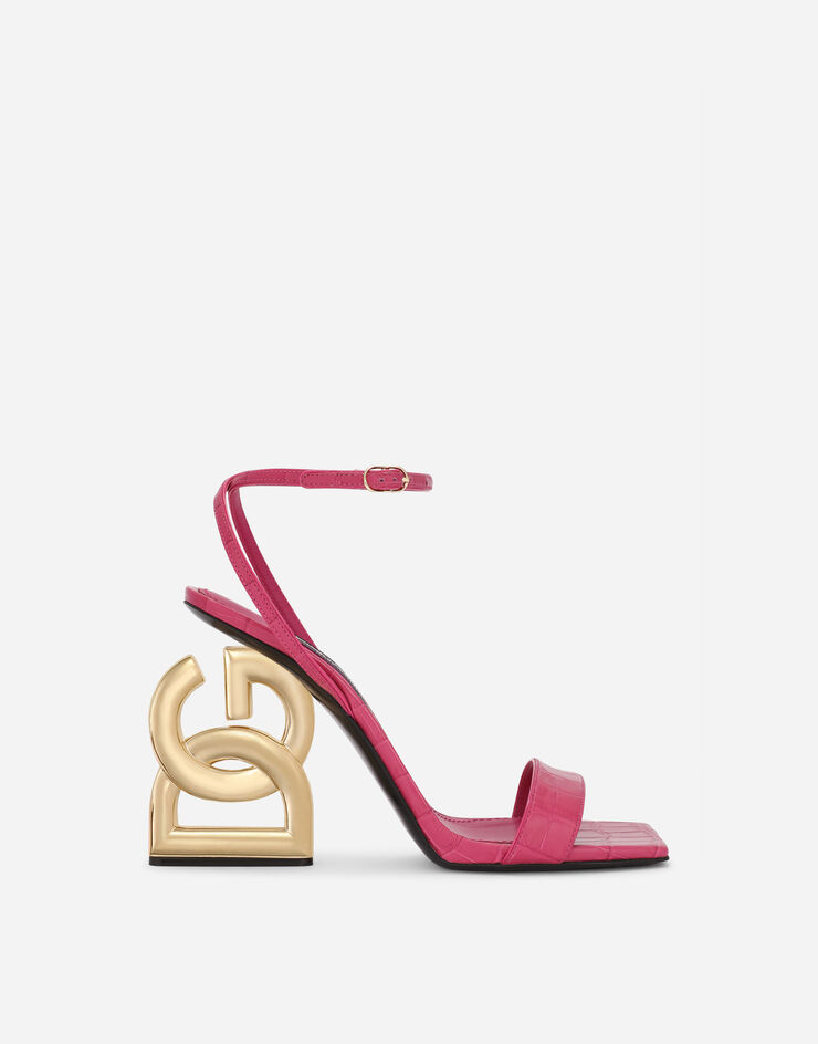 Crocodile-print calfskin sandals with DG pop heel in Fuchsia | Dolce ...