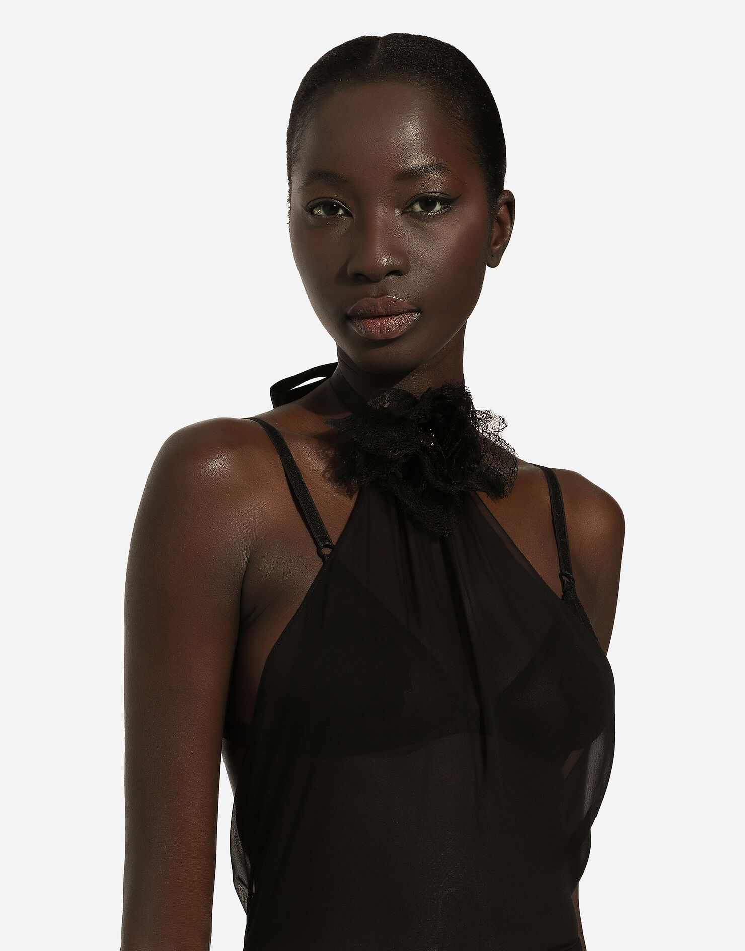 Chiffon top with flower on neck in Black for Women | Dolce&Gabbana® US