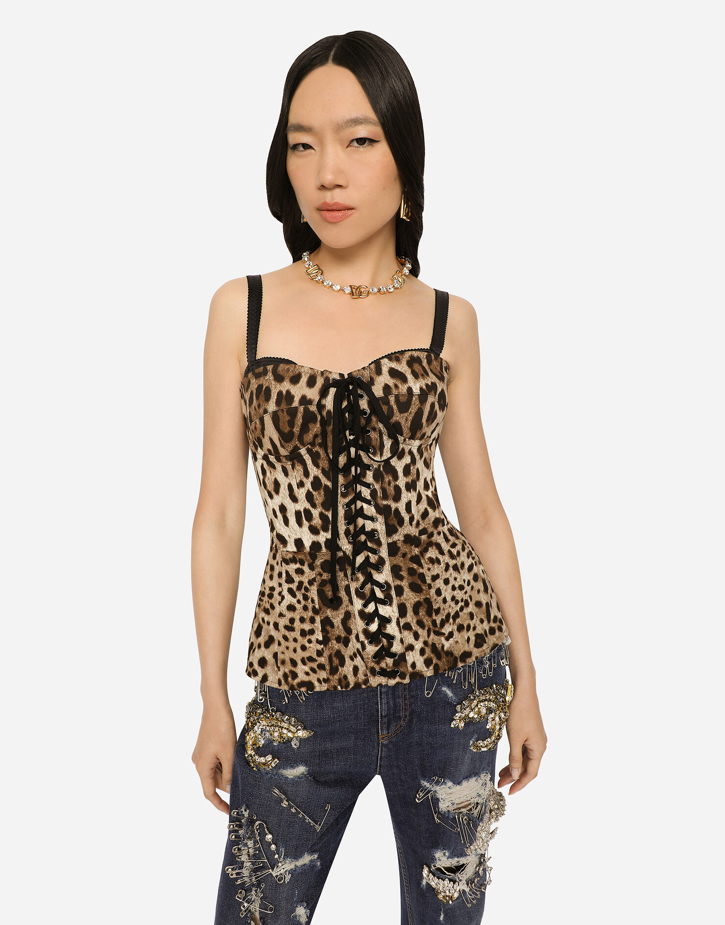 Leopard-print drill shaper corset with laces in Animal Print for Women ...