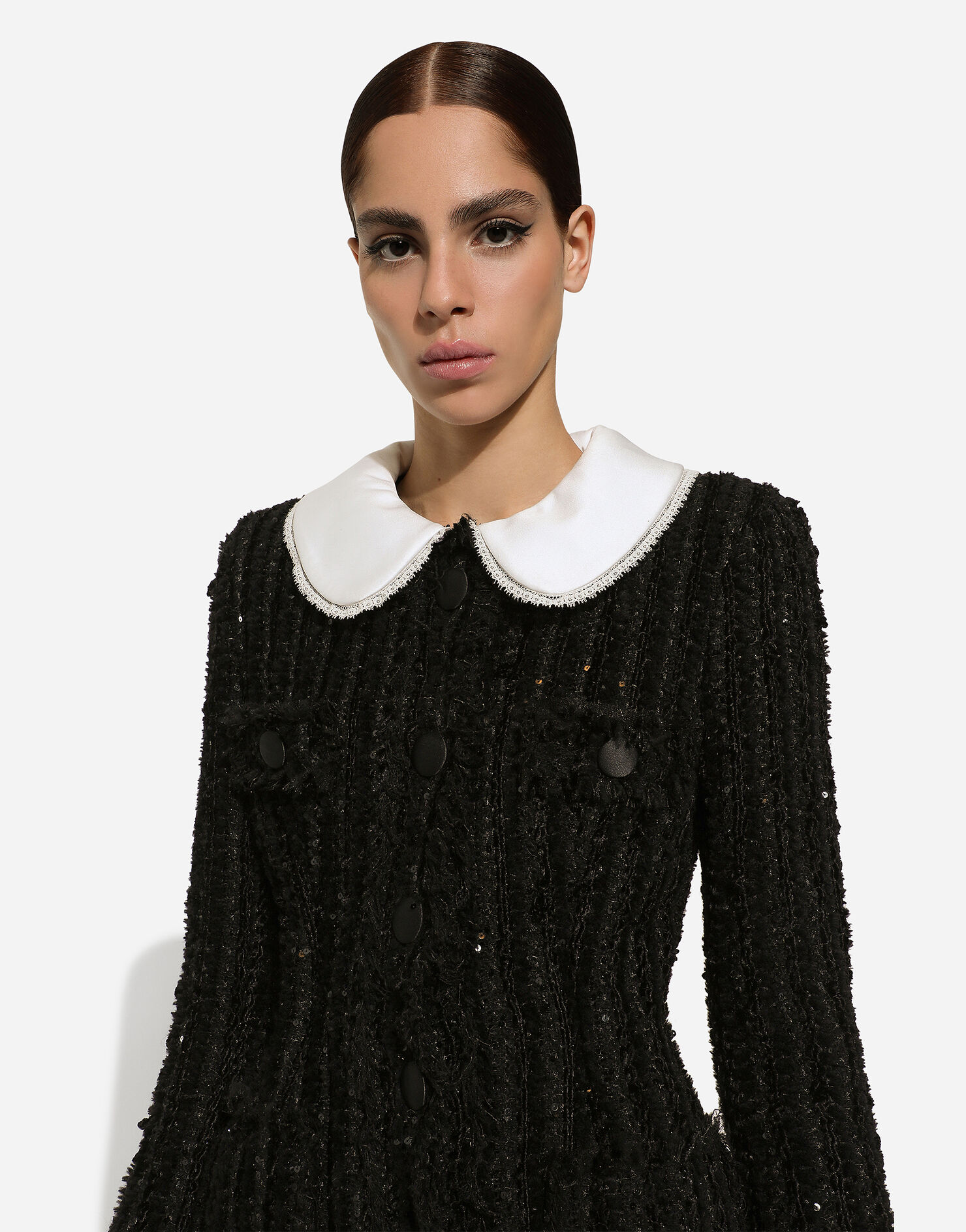 Tweed jacket with micro-sequin embellishment and satin collar in Black ...
