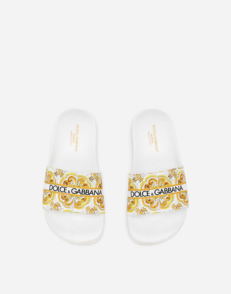 Calfskin beach sliders with the yellow majolica print in Yellow for ...