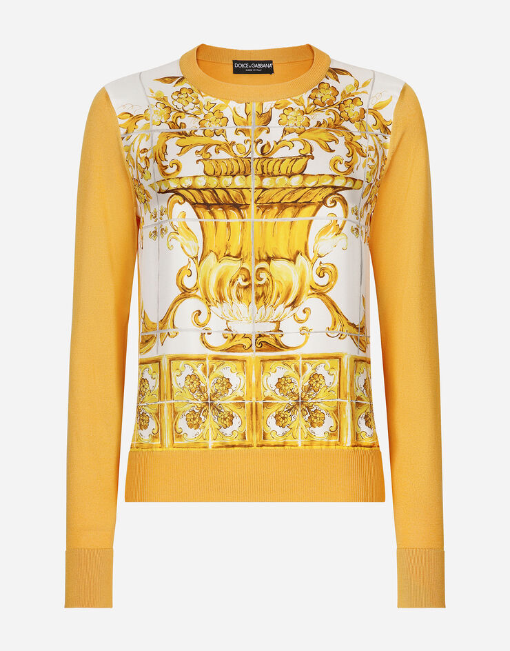 Silk sweater with majolica-print silk twill panel on the front in Print ...